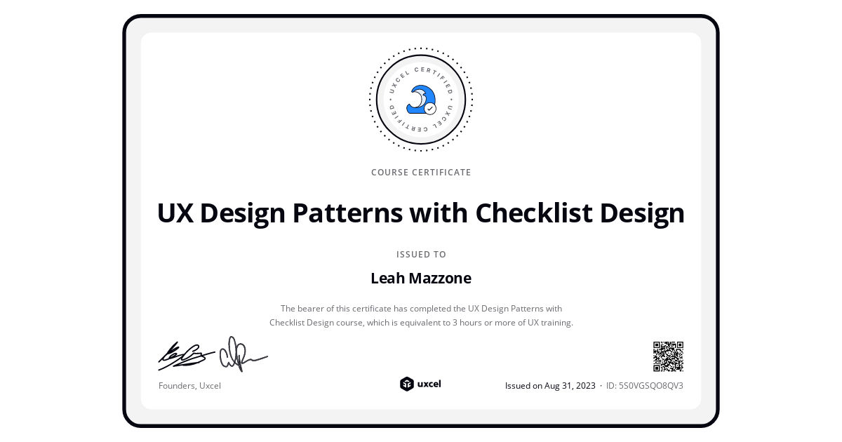 Certificate of completion for UX Design Patterns with Checklist Design | Uxcel